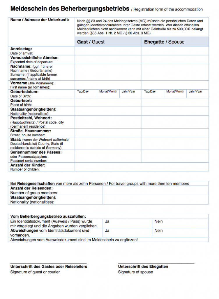 Meldeschein, Steuern & Daten | B.L.O.G.